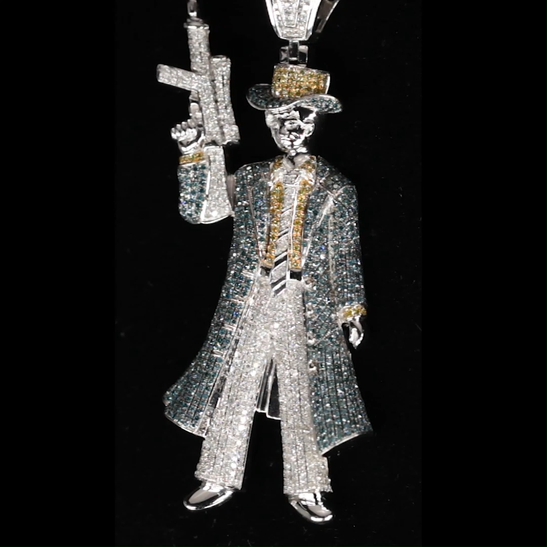 10k White Gold Color-Enhanced Diamond Encrusted Gangster Pendant Bling ...