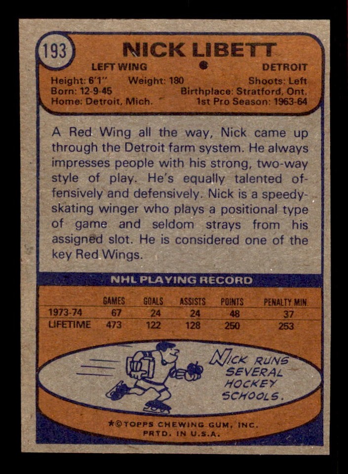 1974 Topps Hockey #193 Nick Libett EX/MT *d2 | eBay