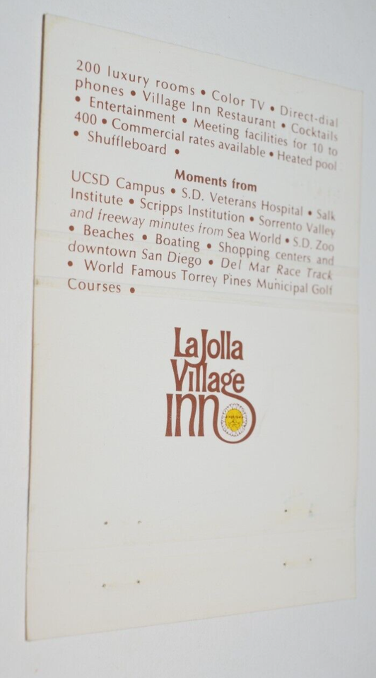 La Jolla Village Inn Hotel La Jolla California 40 Strike Matchbook ...