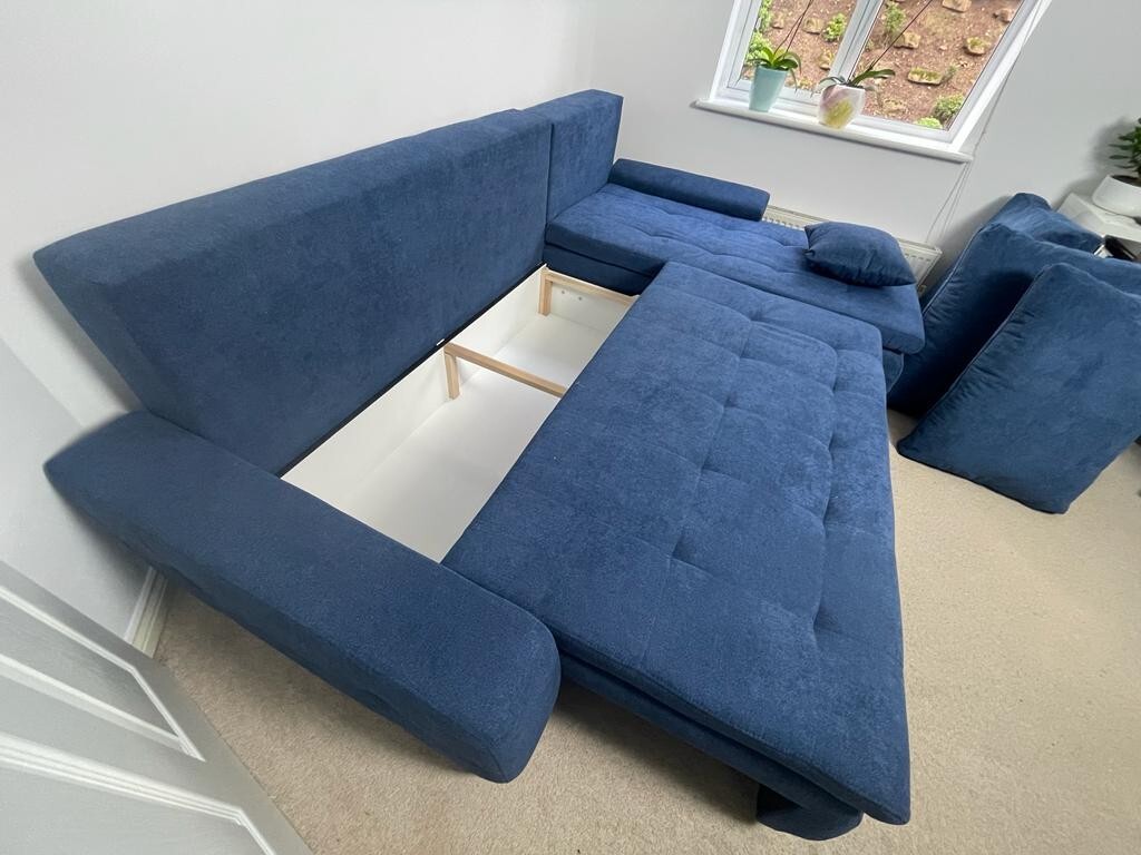 NEW NAVY BLUE CORNER SOFA BED LEFT SIDE MILTON FABRIC STORAGE | eBay UK