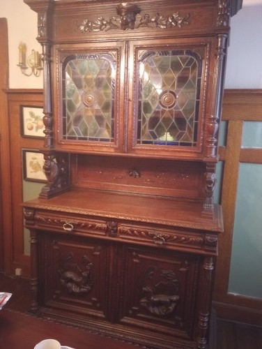 Antique German Oak Cabinet With Stained Glass Windows And Hand Carved ...