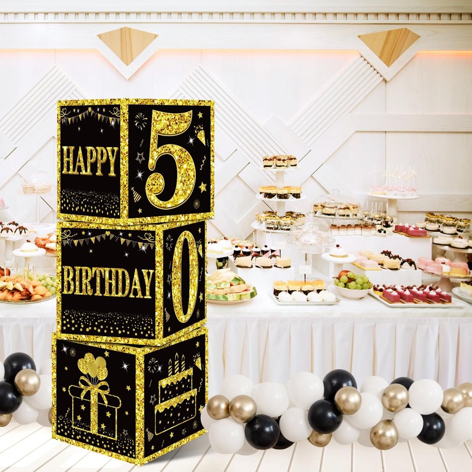 3pcs 50th Birthday Decorations Boxes for Men Women, Black Gold Happy 50 ...