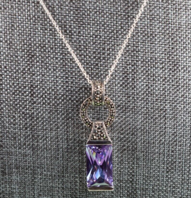 SIGNED CW STERLING SILVER PURPLE CZ/ MARCASITE PENDANT ITALY CHAIN ...