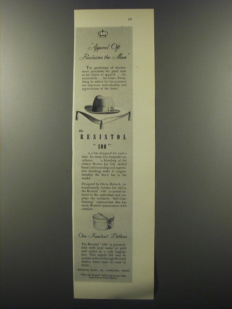1953 Resistol 100 Hat Ad - Apparel oft proclaims the man | eBay