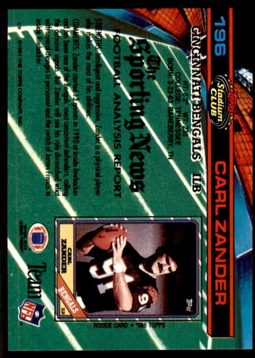 1991 TOPPS STADIUM CLUB FOOTBALL CARD CINCINNATI BENGALS #196 CARL ...