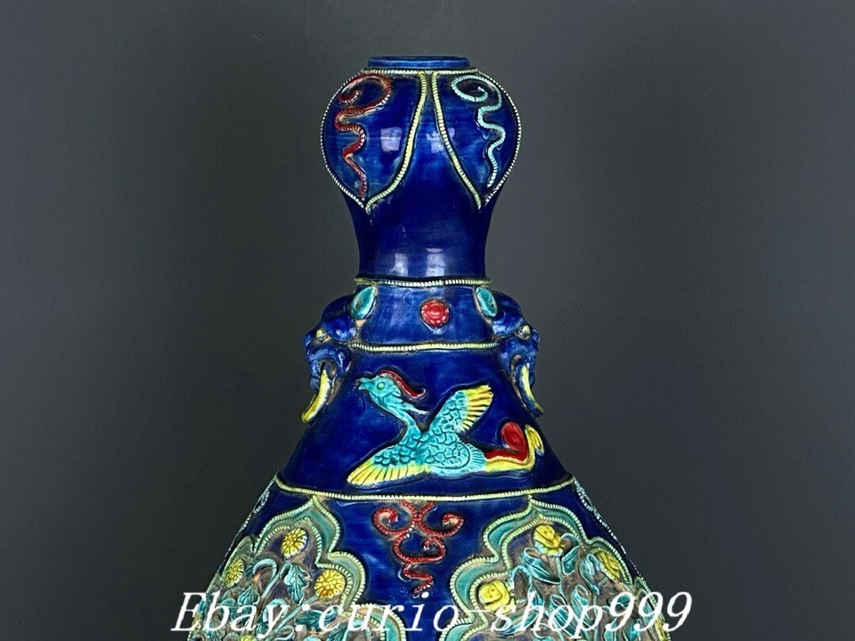 19.6" Old Dy Wucai Porcelain Double Lion Ears Phoenix Flower Pattern ...