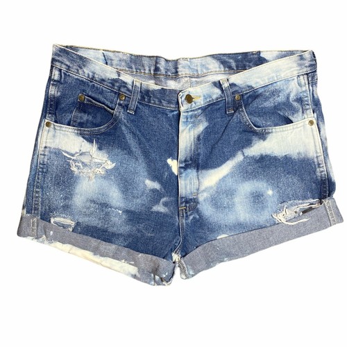 Wrangler Womens Blue Cuffed Denim Shorts Bleach Acid Distressed - Size ...