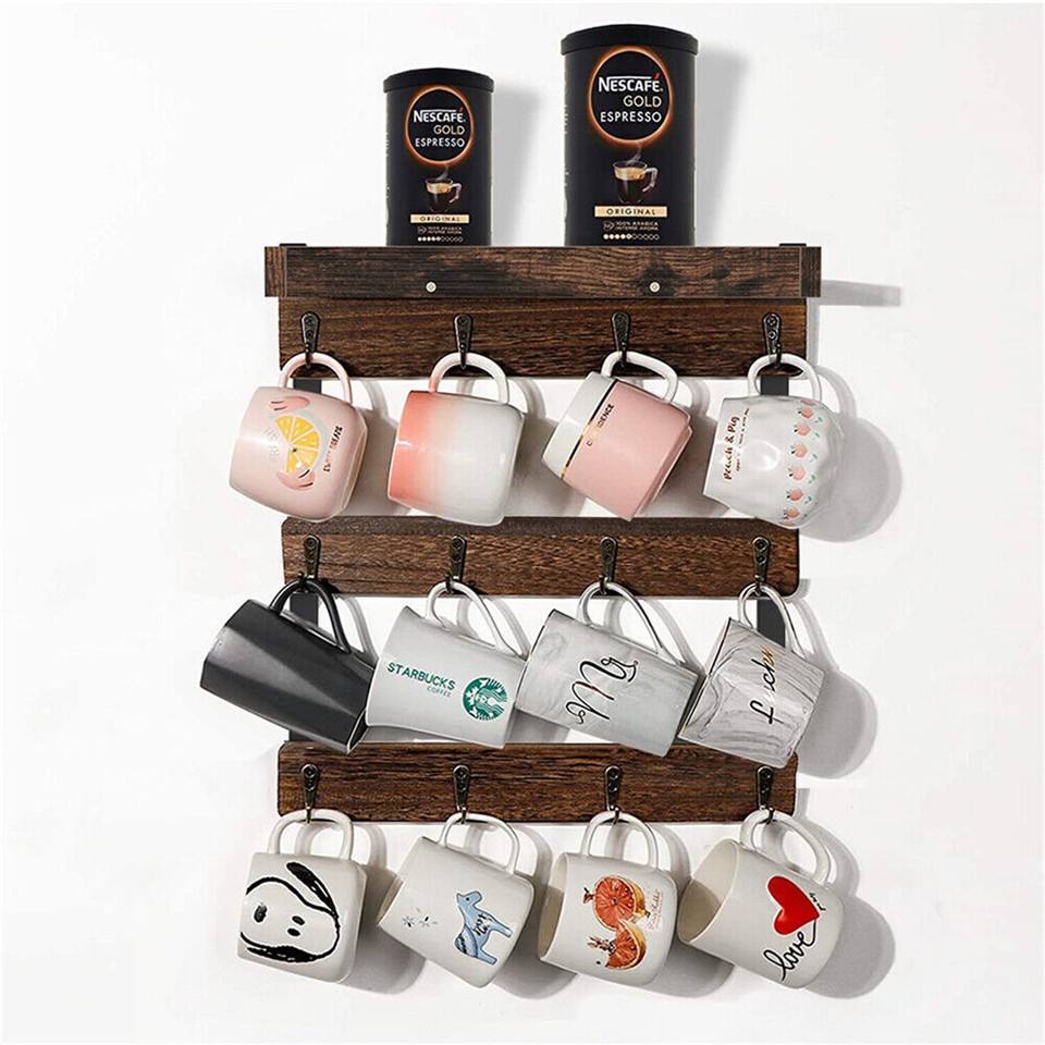 Rustic Distressed Wooden Mug Rack Wall Mounted with Shelf 12 Coffee Cup ...