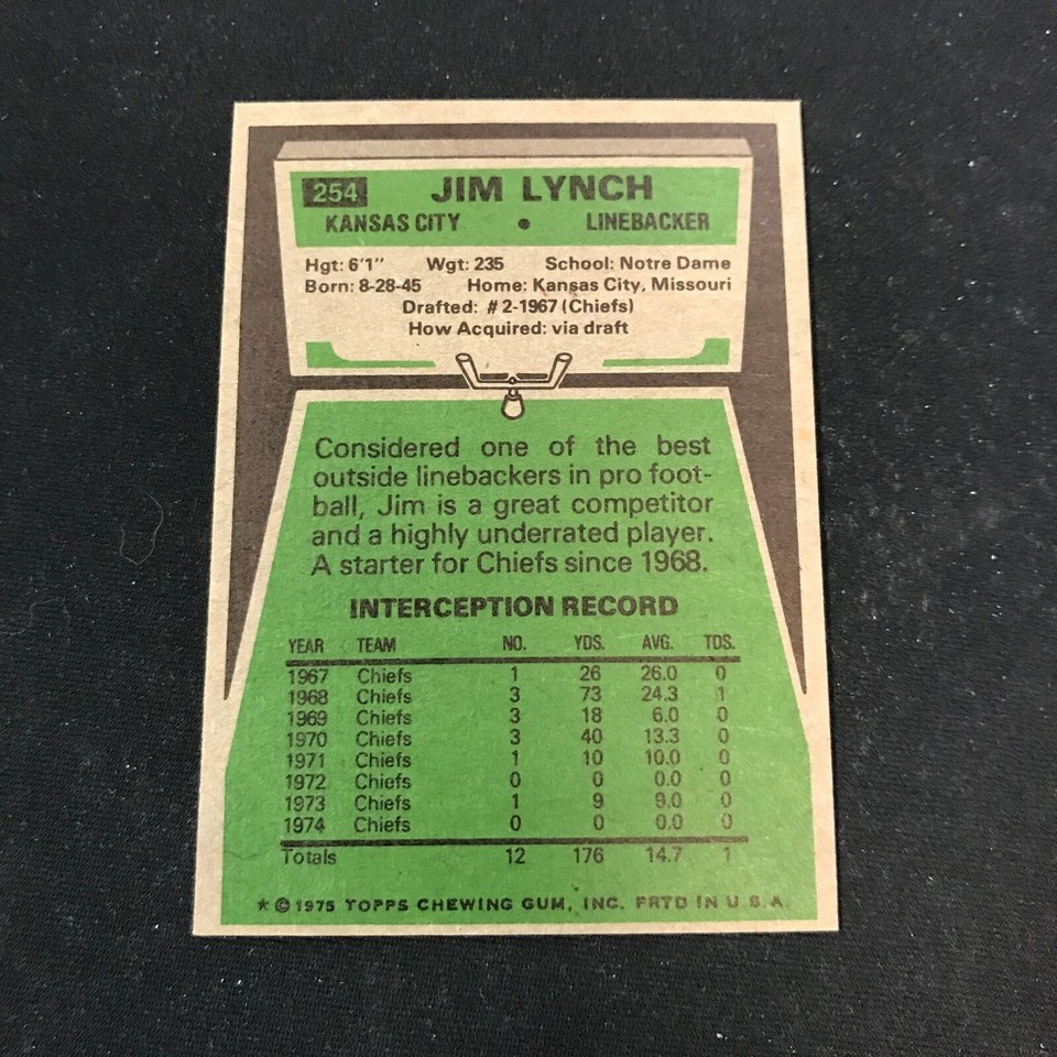 1975 Topps #254 JIM LYNCH Kansas City Chiefs EXMT/NRMT Or Better *CT28B ...