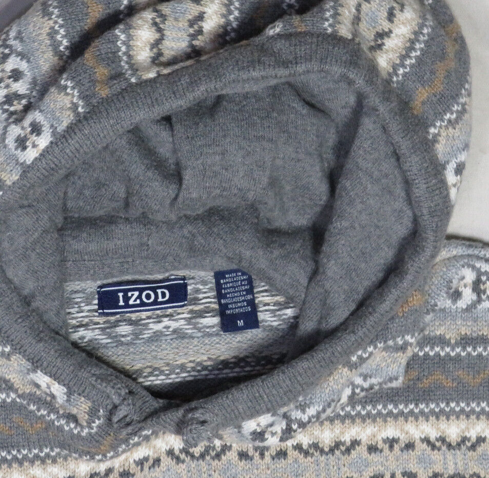 IZOD WOMENS MEDIUM SWEATER GRAY NORDIC PATTERN HOODED HOODIE 100% ...