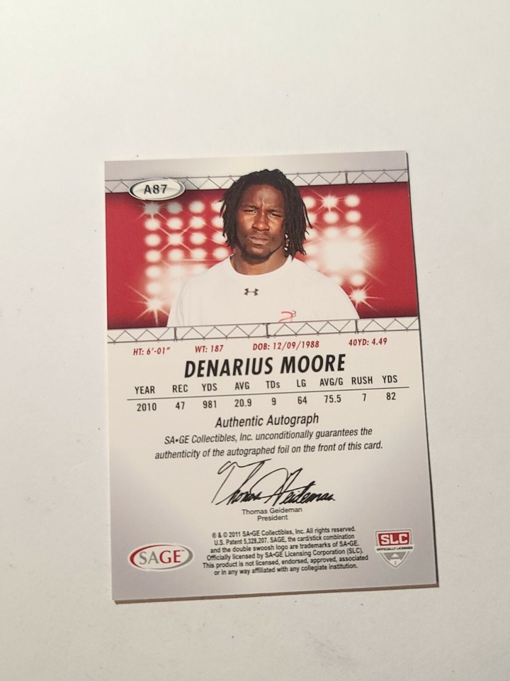 Denarius Moore 2011 Sage Hit Rookie RC Autograph Auto Card No. A87 | eBay