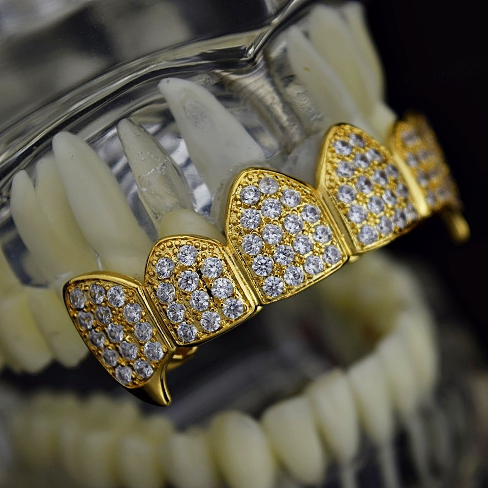 18k Gold Plated Fangs Top Grillz CZ Micro Pave Cubic Zirconia Vampire ...