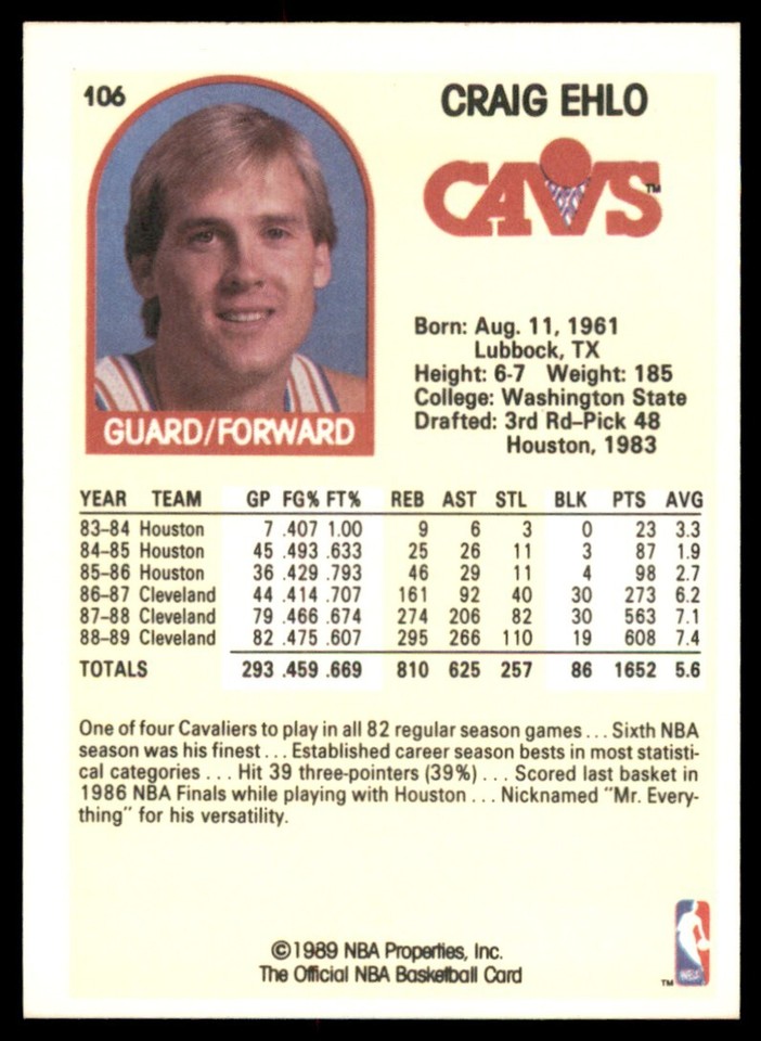 1989-90 NBA Hoops Craig Ehlo1025 Cleveland Cavaliers #106 | eBay