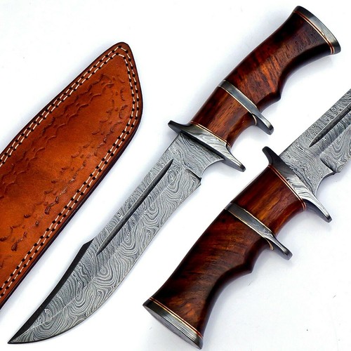Handmade Damascus/D2 Steel Fixed Blade Twin Knife With Leather Sheath ...