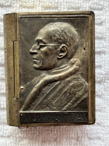Vintage brass Rosary Case Pre-Vatican II Pope Pius XII in relief IHS ...