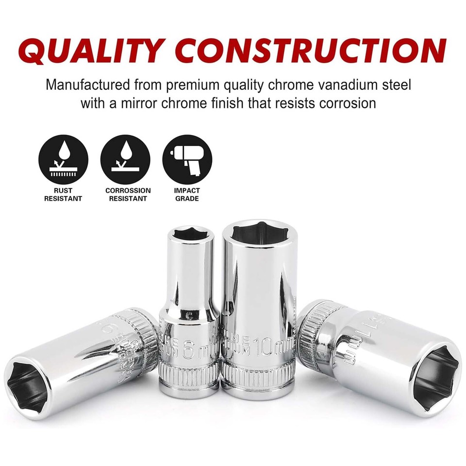 13PCS 1/4"Drive Mid-Length Socket Set, 6-Point Mirror Chrome Metric 4mm ...