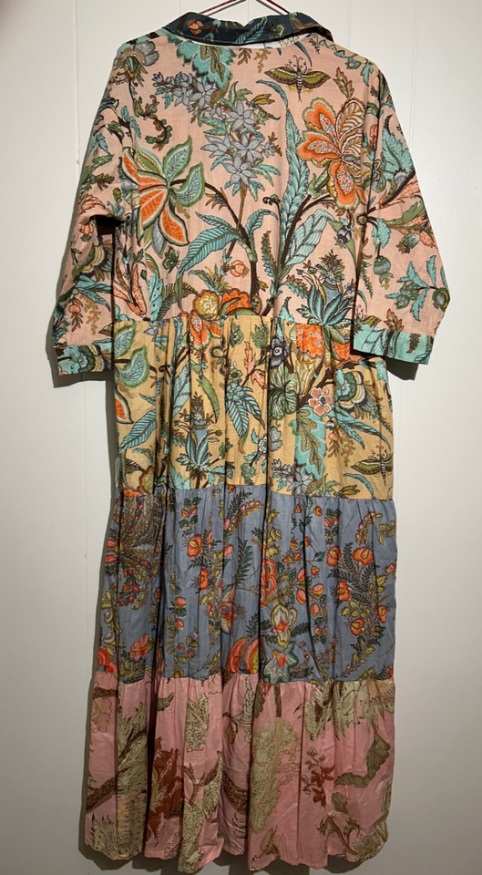 Nwt SACRED THREADS floral bohemian funky button cotton tier DRESS L ...