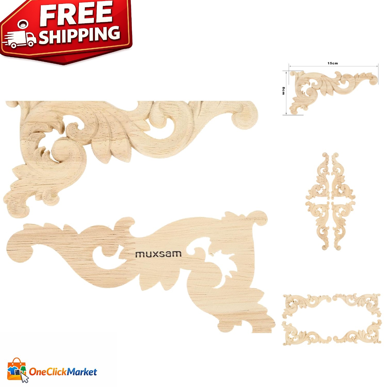 Unpainted Oak Wood Carvings Onlays Set, Decorative Corner Plaques