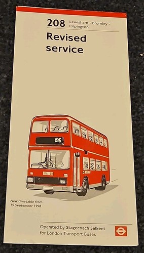 Stagecoach Selkent / London Transport Bus Timetable. Route 208. 1998 ...
