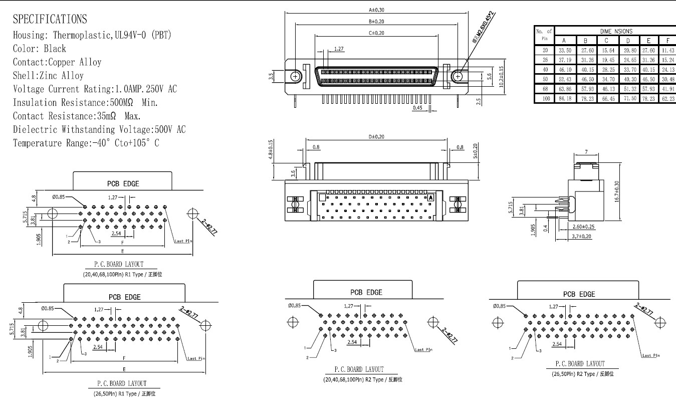 1Pcs SCSI Connector D-SUB MDR Female 50 Pin Right Angle PCB Solder ...
