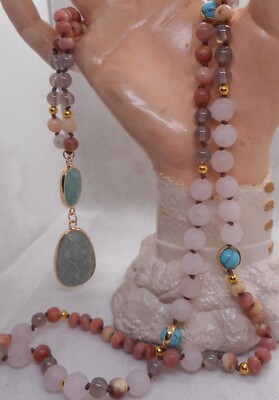 NEW Natural Stone Pink & Blue Beaded Necklace w/Double Blue Stone ...