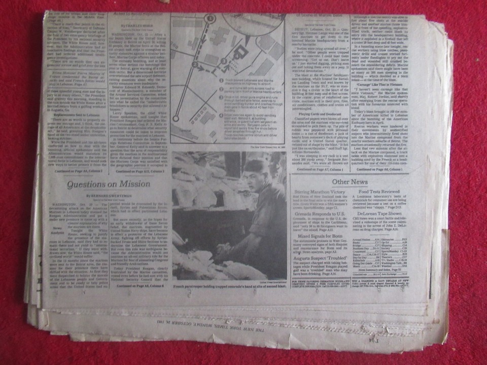 October 24, 1983 New York Times newspaper. U.S. Marines Beirut Barracks ...