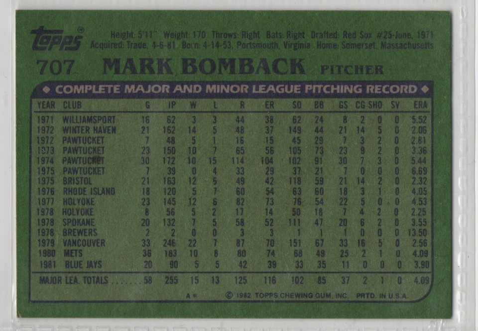 1982 Topps Baseball Card #707 Mark Bomback-Blue Jays | eBay