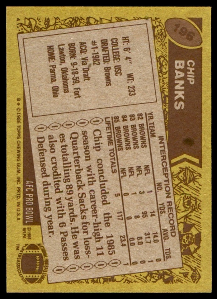 1986 Topps Chip Banks Cleveland Browns #196 | eBay
