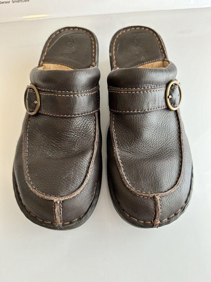 Born BOC Wedge Clog Brown Leather Mule Women Slip On Buckle Size 7M ...