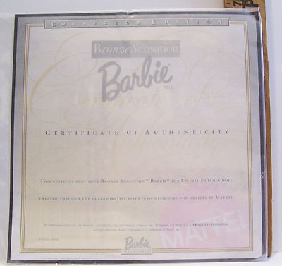 MATTEL BARBIE BRONZE SENSATION DOLL CERTIFICATE OF AUTHENTICITY COA ...