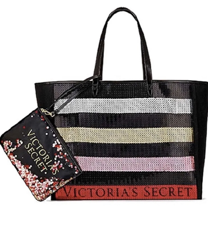 Victoria’s Secret Tote Bag Large Travel Canvas Sequin Stripe Weekender ...