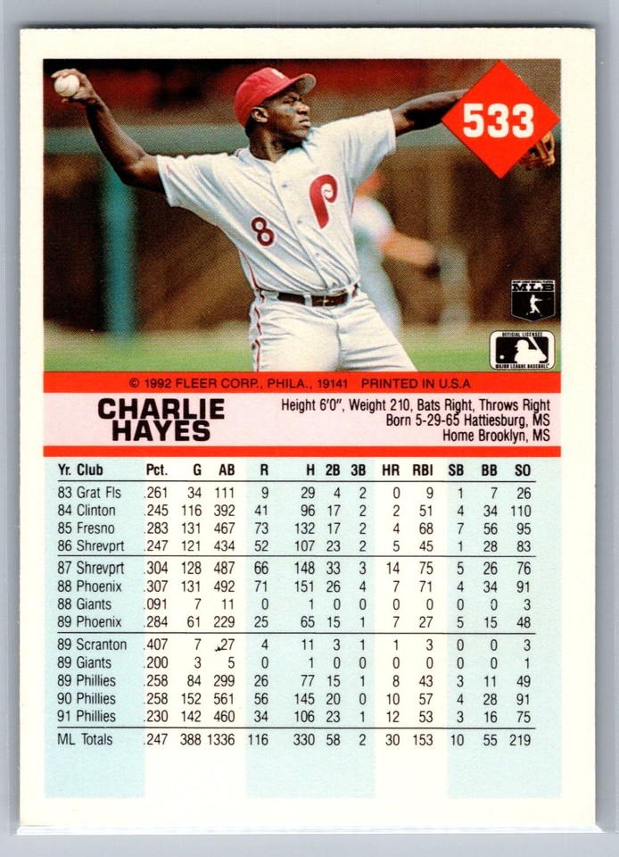 Charlie Hayes 1992 Fleer BASEBALL #533 Philadelphia Phillies | eBay