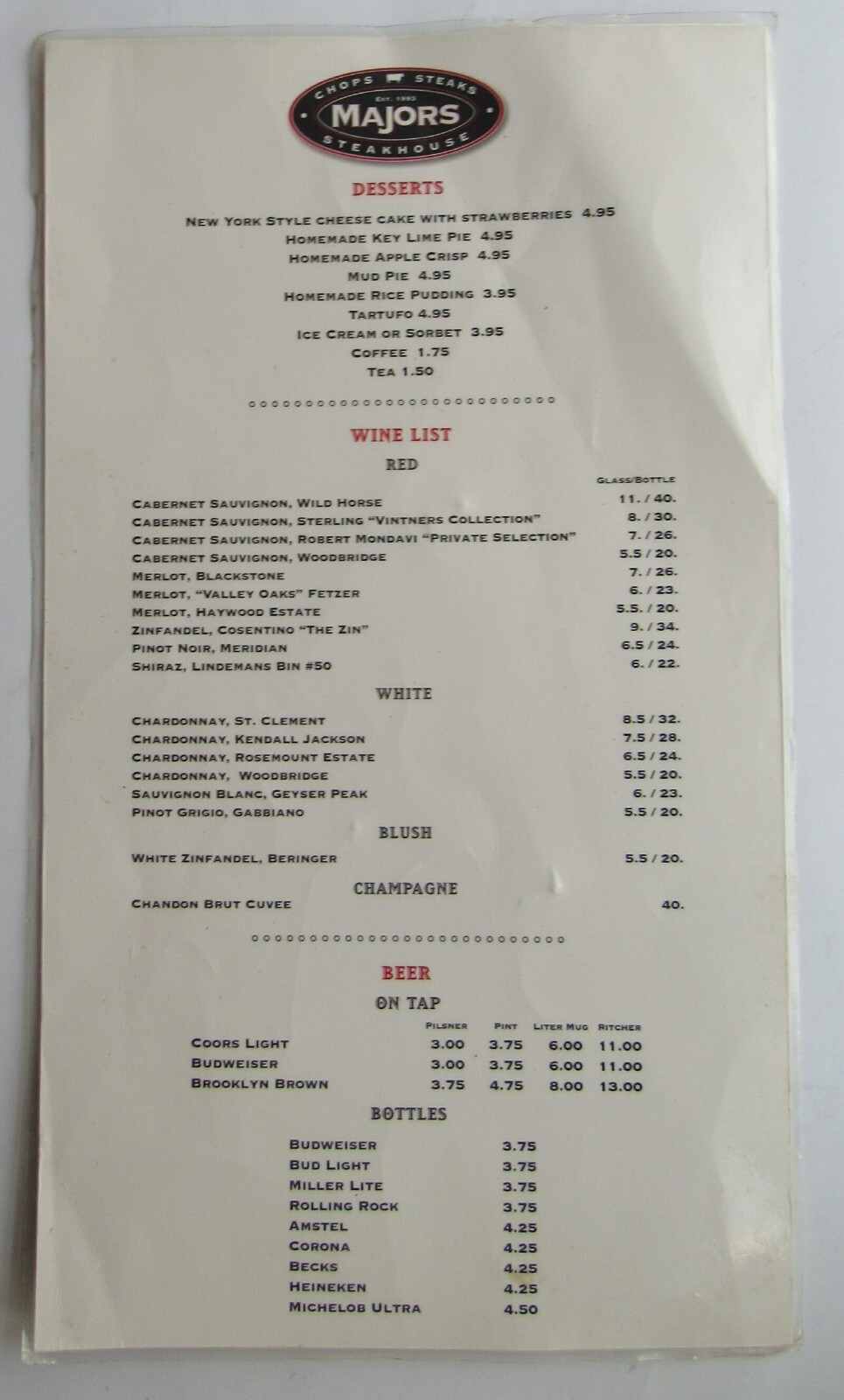 Majors Steakhouse Menu East Meadow New York | eBay