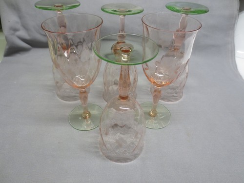 6 vtg Tiffin Watermelon Wine Glasses Etched Floral Depression Glass ...