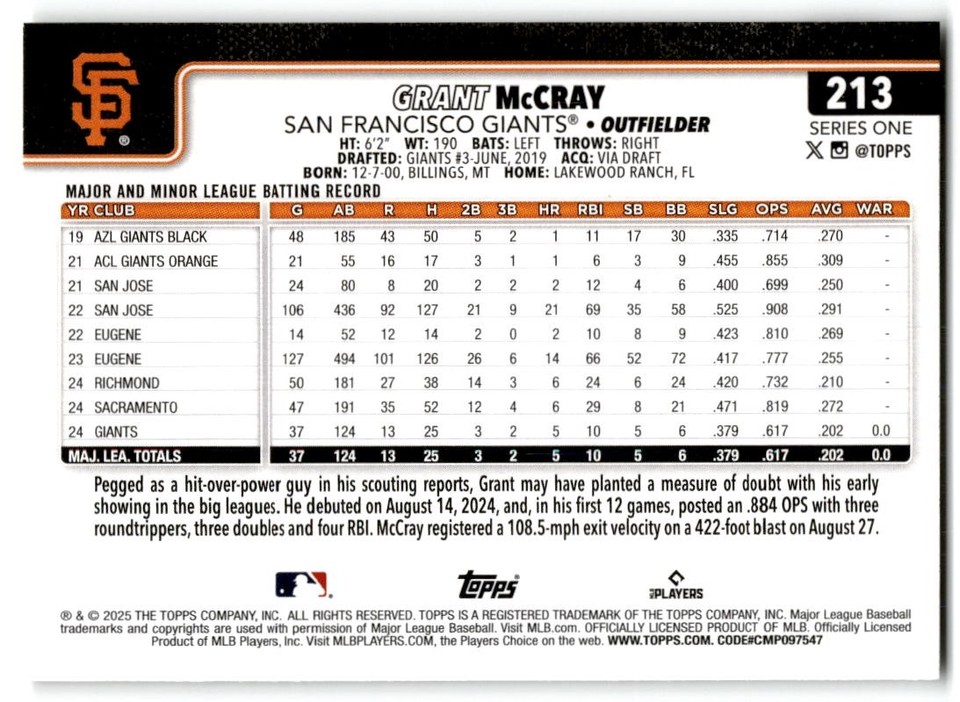 2025 Topps #213 Grant McCray San Francisco Giants Rookie | eBay