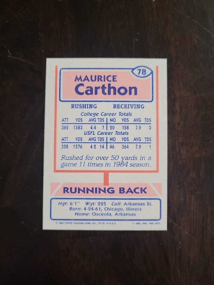 1985 Topps USFL Maurice Carthon XRC #78 New Jersey Generals Rookie RC ...