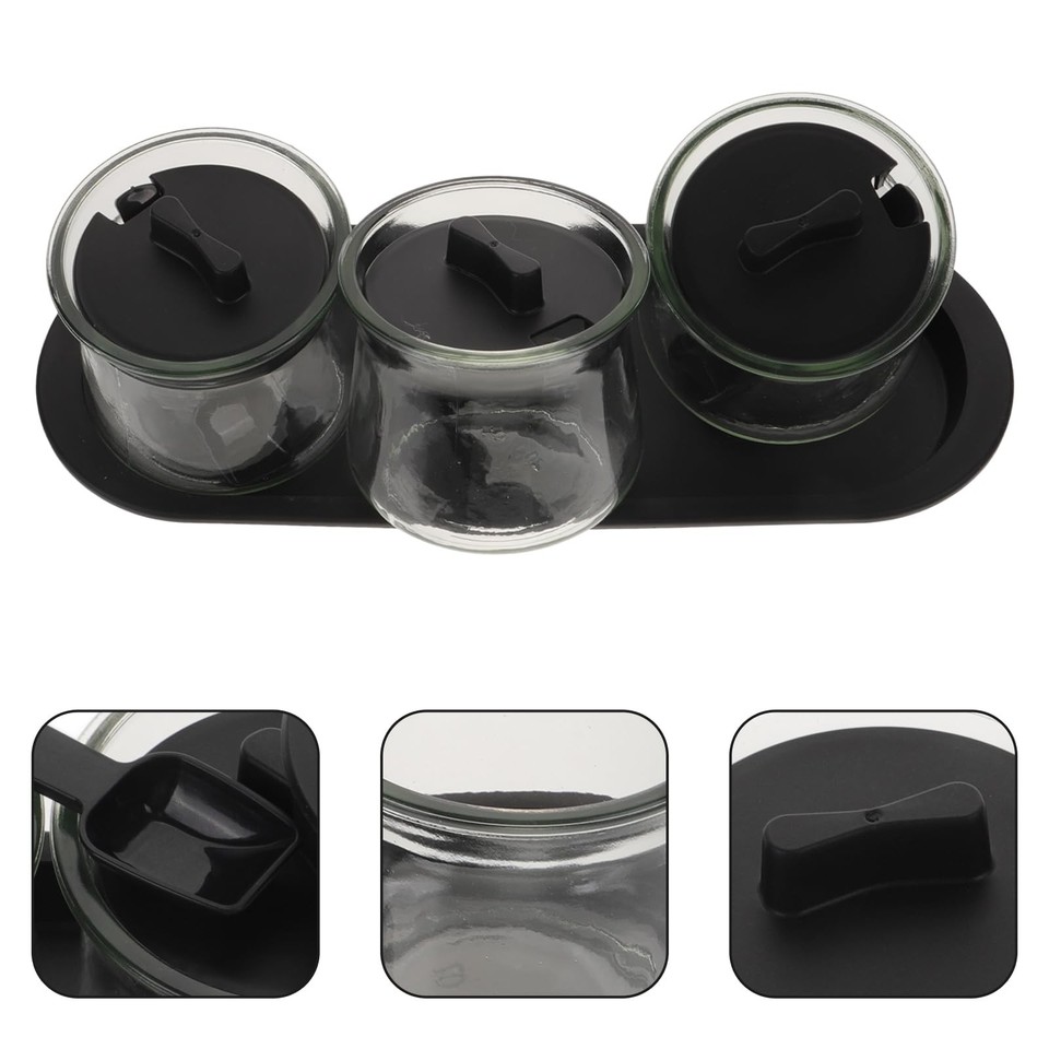 3Pcs Glass Condiment Jar with Lids and Spoons and Tray Clear Seasoning ...