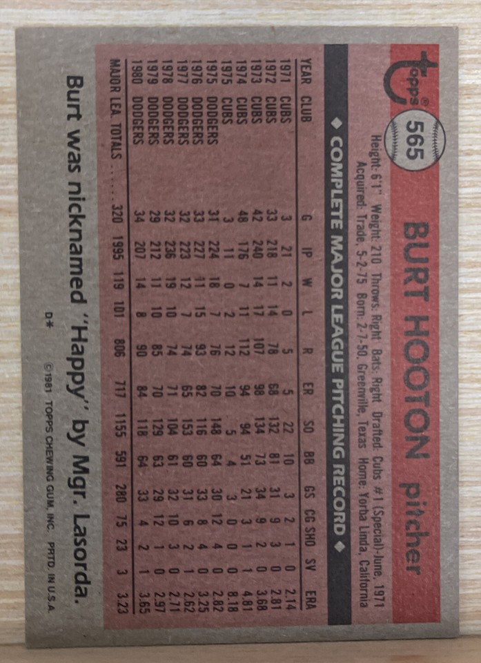 SIGNED BURT HOOTON 1981 TOPPS BASEBALL CARD AUTOGRAPH - DODGERS 565 | eBay