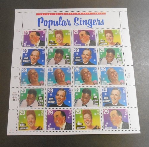 1993 POPULAR SINGERS, USPS ISSUE STAMP 20 X 29 CENT - MINT FULL SHEET ...