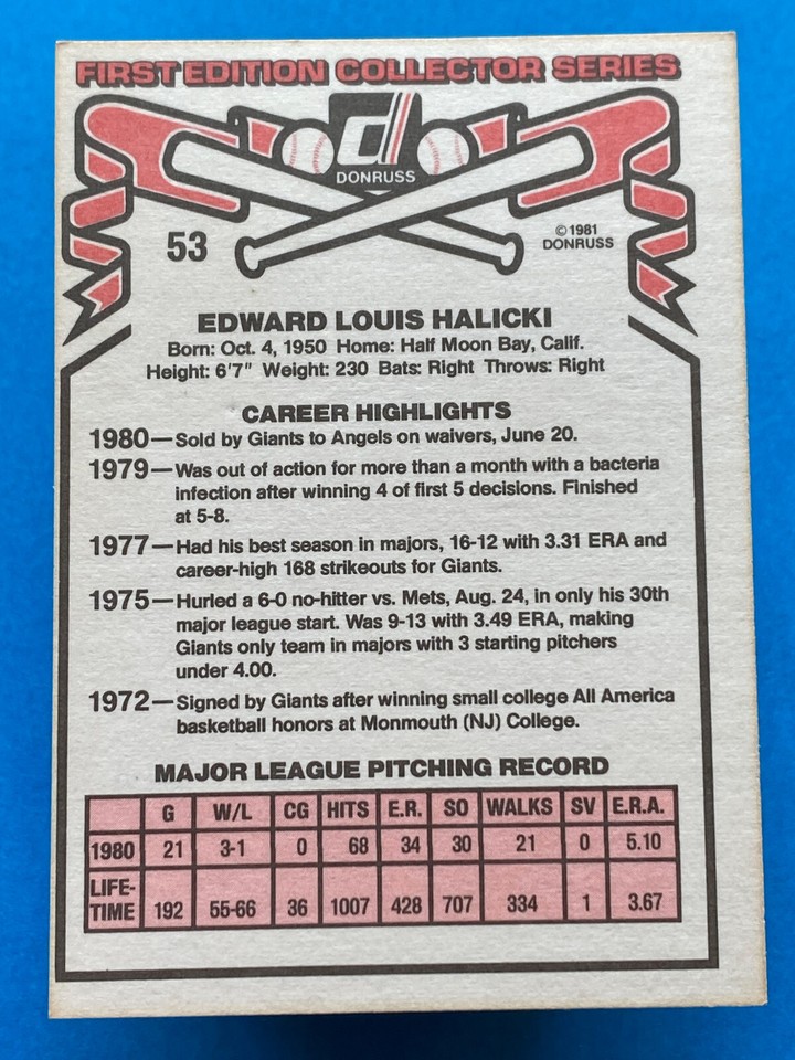1981 Donruss Ed Halicki #53 California Angels | eBay