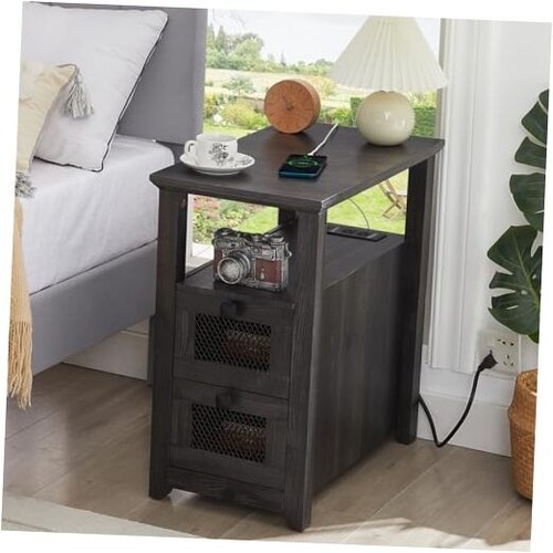 Farmhouse XXL End Table with Charging Station, Narrow Side Table with ...