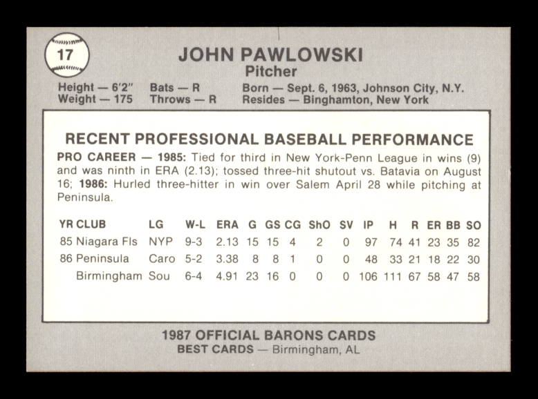 1987 Best # 17 John Pawlowski Card (ML) Birmingham Barons Chicago White ...