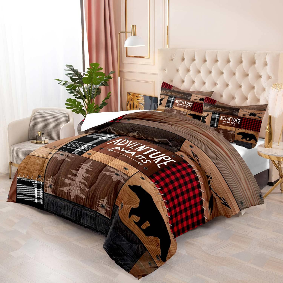 Rustic Cabin Comforter Set Queen, Black Bear Elk Moose Patchwork ...