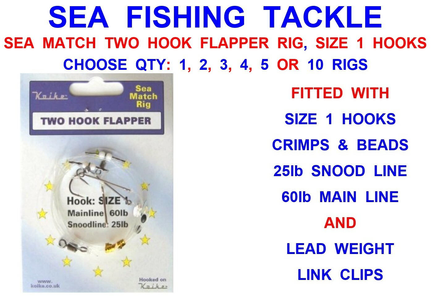 KOIKE TWO HOOK FLAPPER RIG 2 HOOK SIZE 1 SEA FISHING LURES FLOUNDER DAB ...