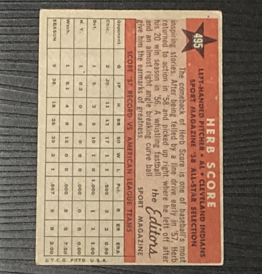 1958 TOPPS HIGH #495 HERB SCORE AS INDIANS EX | eBay