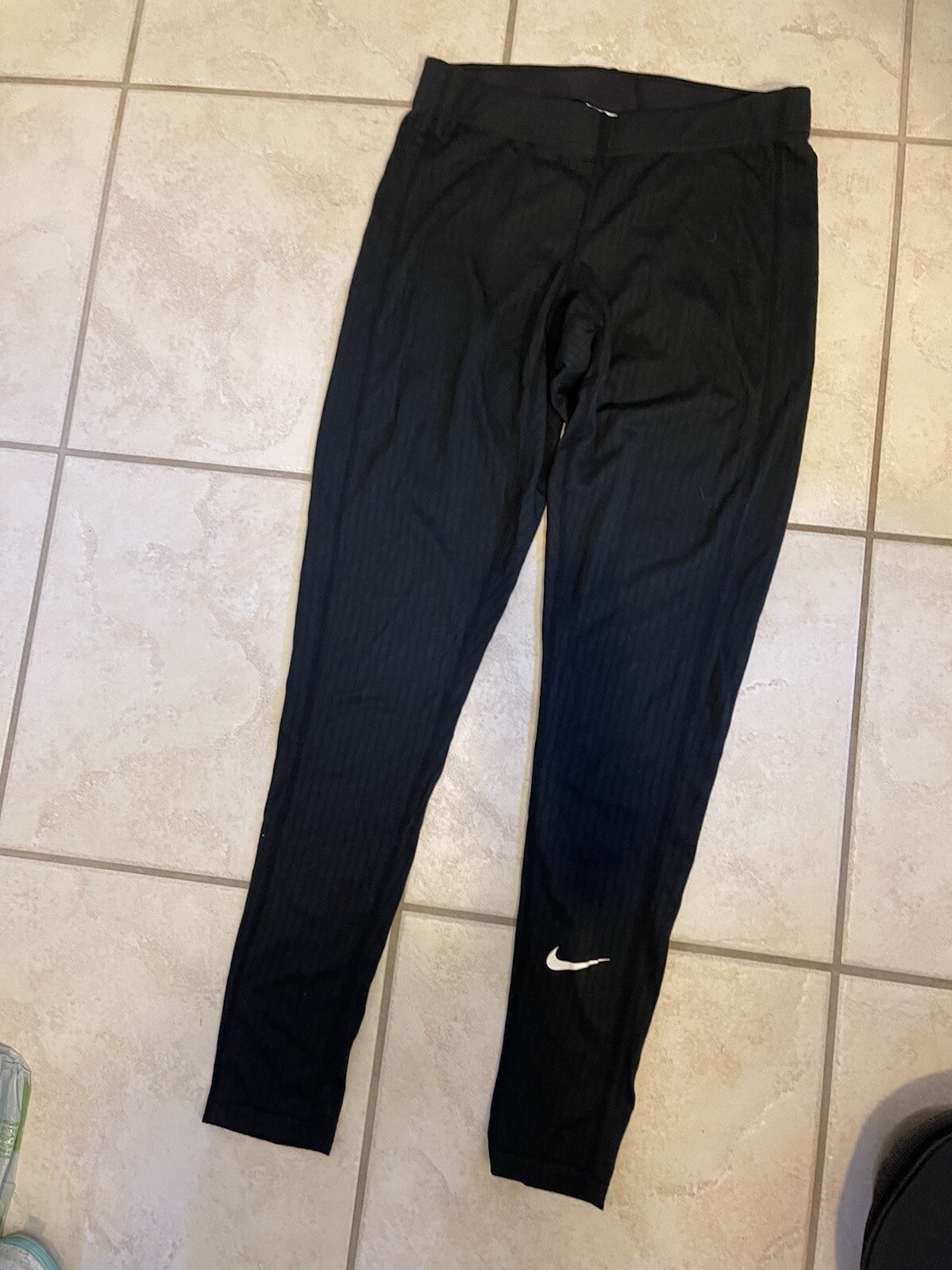 NIKE PRO COMBAT LOGO DRI FIT COMFY ELASTIC WAIST WORK OUT BLACK LEGGING ...