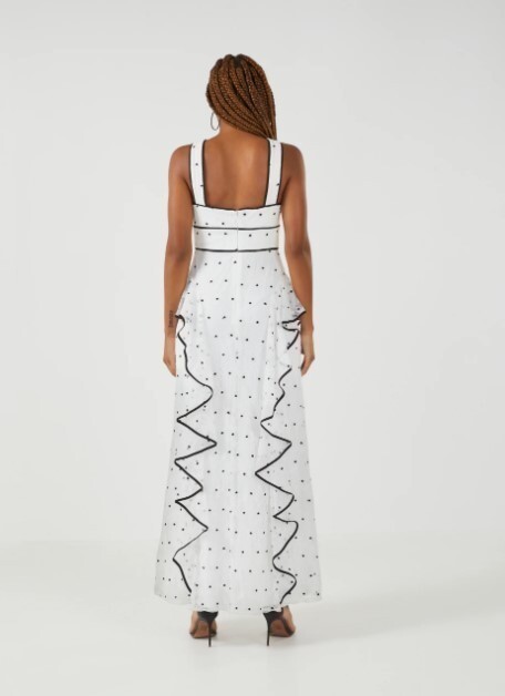 NWT BCBG MAXAZRIA Alfie Cross neck Polka dot ruffle gown dress white ...