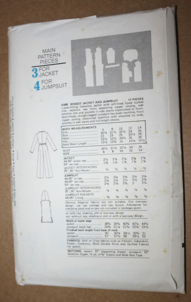 VINTAGE SEWING PATTERN VOGUE EASY 9388 MISSES' JACKET & JUMPSUIT SIZE ...