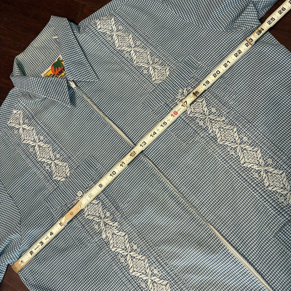 Genuine Haband Guayabera Shirt Mens Embroidered Large Blue Check Plaid ...