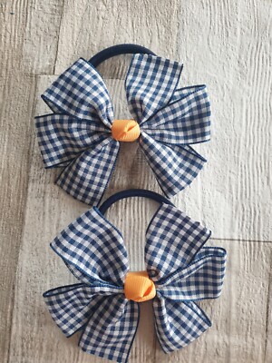 Handmade Hair Bobble Bows Navy Blue and Yellow Gold Gingham Accessories ...